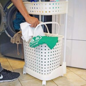 3 Tier Rolling Laundry Basket W Shelves Storage Organizer for Clothes Detergent Great for Bathroom Kitchen Laundry Room White