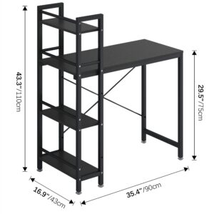 4NM 35" Small Computer Desk with 4-Tier Bookshelf, Home Office Desk Writing Workstation Study Table Multipurpose for Small Space Work - All Black