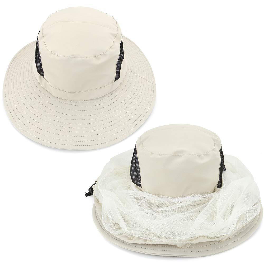 ACBungji Bug Hats with Netting, 2 Pack Hats Sun Protection Hats for Gardening Hiking Fishing Hunting Outdoors, Safari Bee Insect Netting Head for Women/Men Unisex Hat Foldable (Beige)