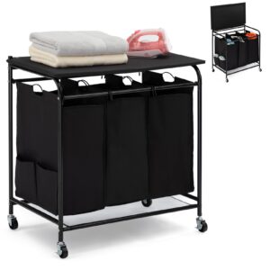 hollyhome laundry basket sorter with ironing board and 4 wheels,laundry hamper with sturdy bags for laundry room black