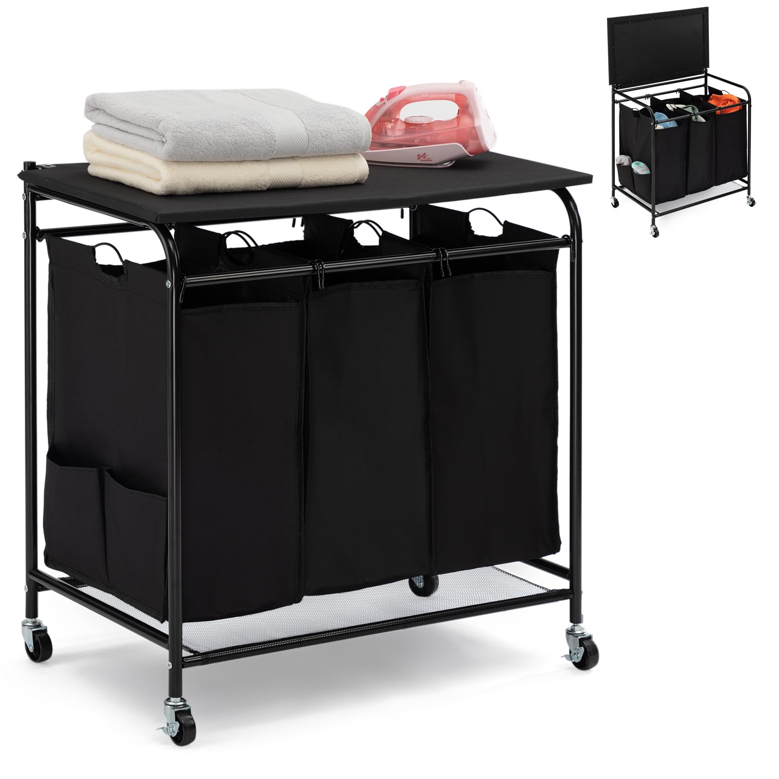 HollyHOME Laundry Basket Sorter with Ironing Board and 4 Wheels,Laundry Hamper with Sturdy Bags for Laundry Room Black