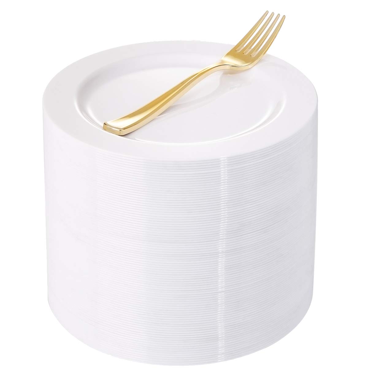 WELLIFE 200 Pieces White Plastic Dessert Plates with Gold Disposable Forks, Premium Hard Plastic Dessert Plates 7.5”, Appetizer Plastic Plates for Christmas, Wedding, Party