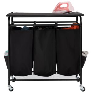 HollyHOME Laundry Basket Sorter with Ironing Board and 4 Wheels,Laundry Hamper with Sturdy Bags for Laundry Room Black