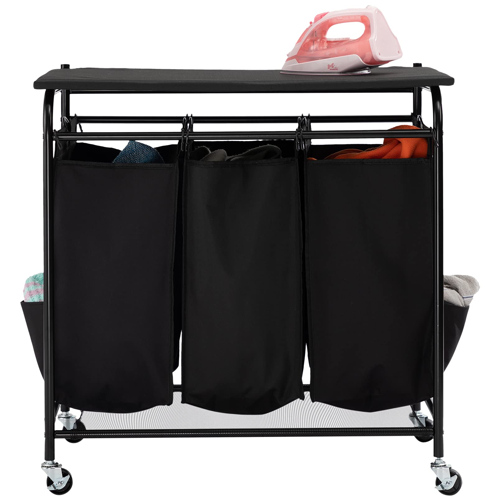 HollyHOME Laundry Basket Sorter with Ironing Board and 4 Wheels,Laundry Hamper with Sturdy Bags for Laundry Room Black