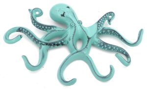 octopus keys hook, decorative wall mounted nautical wall rack, antique key holder hook, cast aluminum hanger for coat, hand towel, bathrobe, jacket, swimming, kitchen & balcony (distressed green)