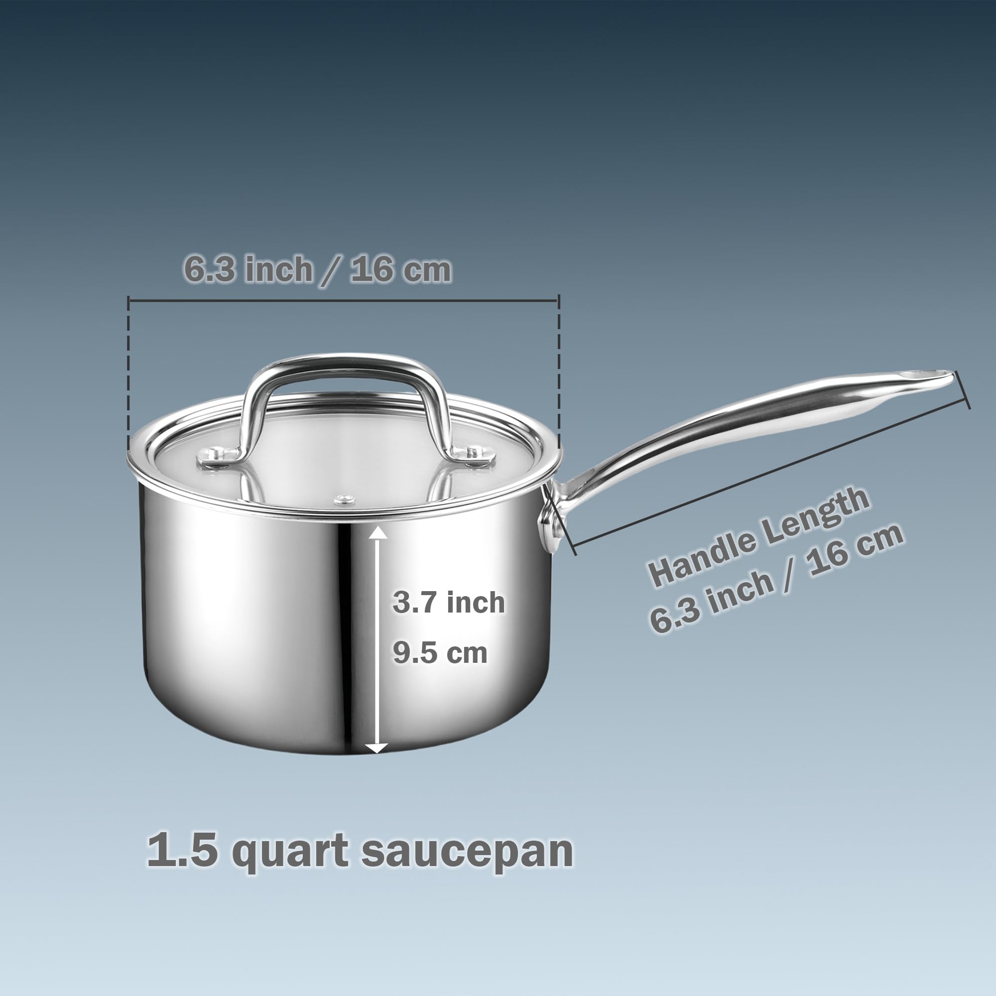 Cook N Home Stainless Steel Saucepan 1.5 Quart, Tri-Ply Full Clad Sauce Pan with Glass Lid, Silver