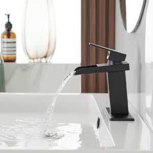 BWE Black Bathroom Faucet Waterfall Matte with Pop Up Drain Stopper Overflow Assembly and Supply Hose Bath Single Hole Handle Modern Bathroom Sink Faucet Lavatory Mixer Tap