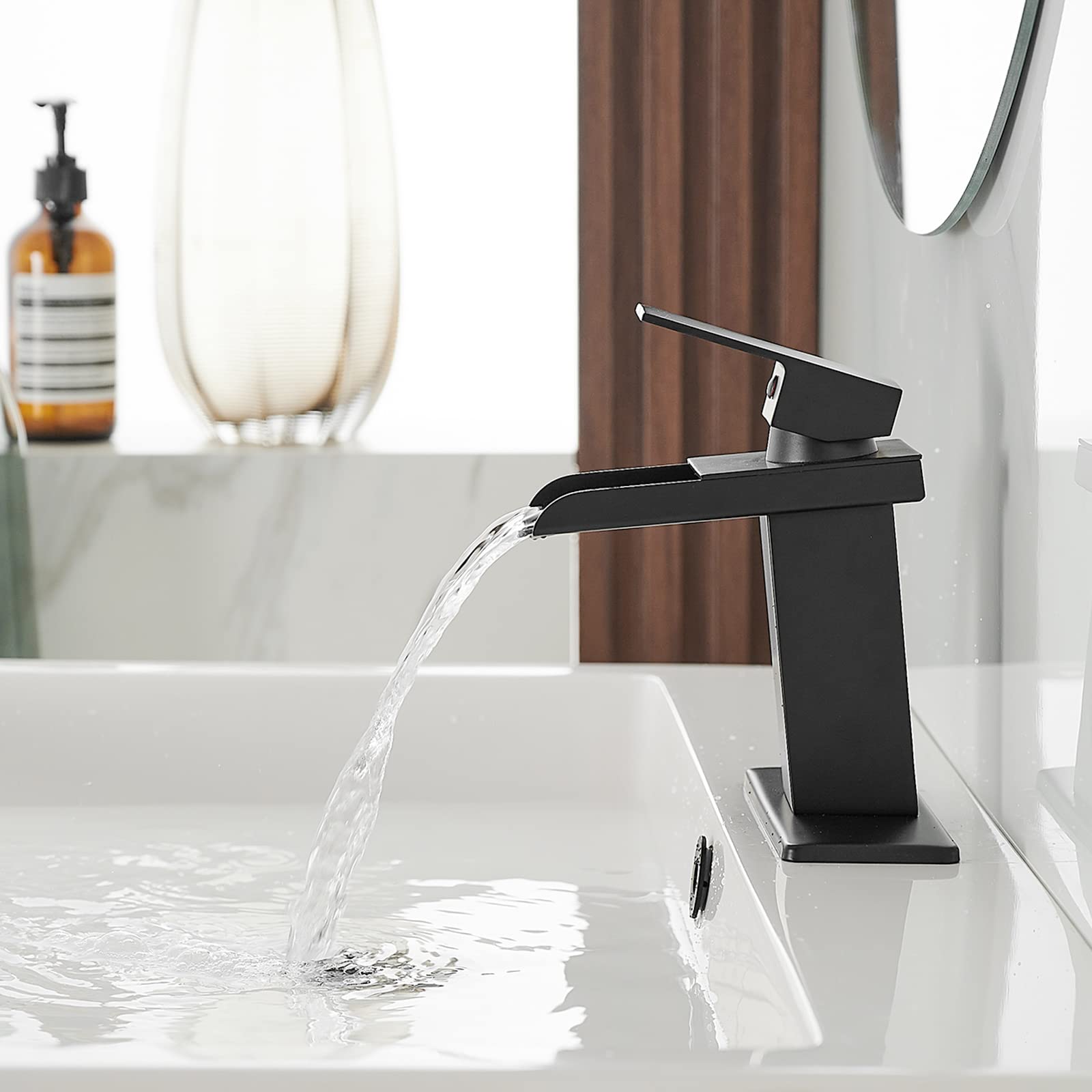 BWE Black Bathroom Faucet Waterfall Matte with Pop Up Drain Stopper Overflow Assembly and Supply Hose Bath Single Hole Handle Modern Bathroom Sink Faucet Lavatory Mixer Tap