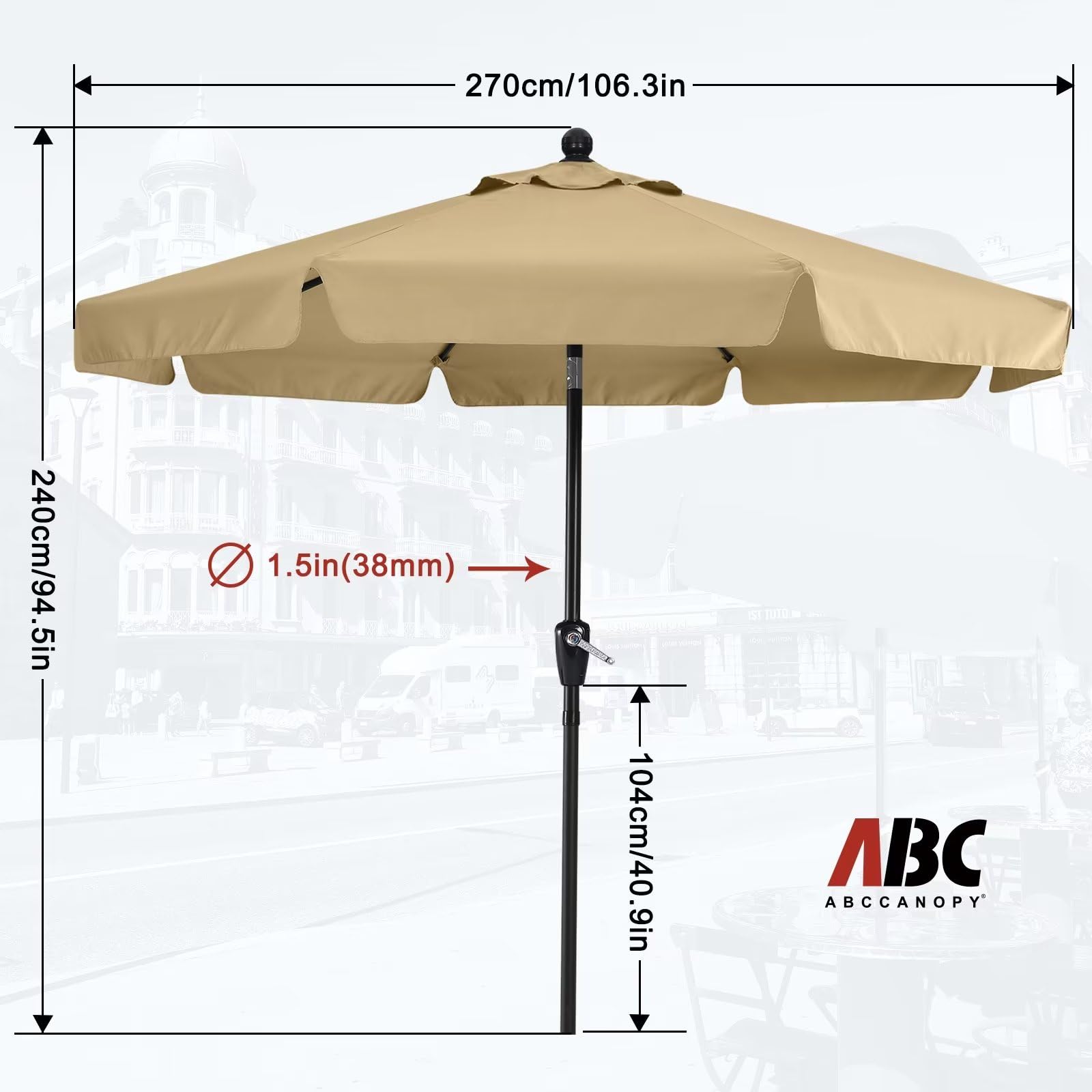 ABCCANOPY Patio Umbrella 9ft - Outdoor Table Umbrella with Push Button Tilt and Crank, 8 Ribs Umbrella for Patio Pool Garden Deck (Khaki)