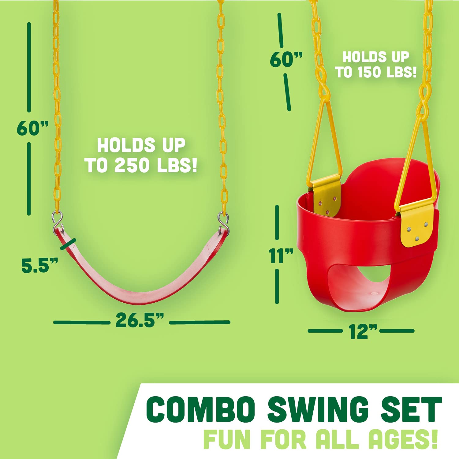 Combo - Deluxe High Back Full Bucket Swing (Triangle and Chain Dip) and Heavy-Duty Swing Seat with Carabiners - Red - Squirrel Products