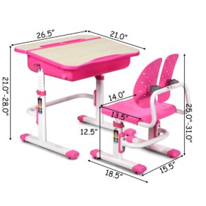 BABY JOY Kids Desk and Chair Set, Height Adjustable, Children's Study Table with Large Storage Space, Ergonomic Winged Backrest Chair, Student School Desk Set Great Gift for Ages 3 to 14 (Pink)