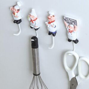 TA BEST Pack of 4 Resin French Chef Figurine Wall Hooks Decorative Cook Wall Mount Rack Hook Hanger(Assorted Style)