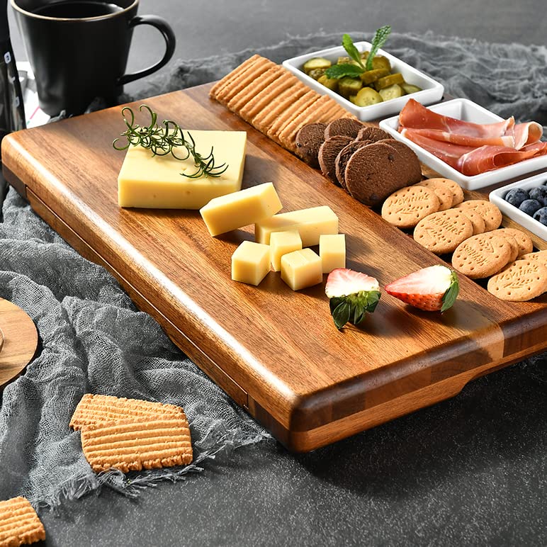 Shanik Upgraded Acacia Wood Charcuterie Board Set with 3 Removable Ceramic Bowls and Serving Utensils - Ideal for Hosting Elegant Parties and Entertaining Guest (Without Engraving)