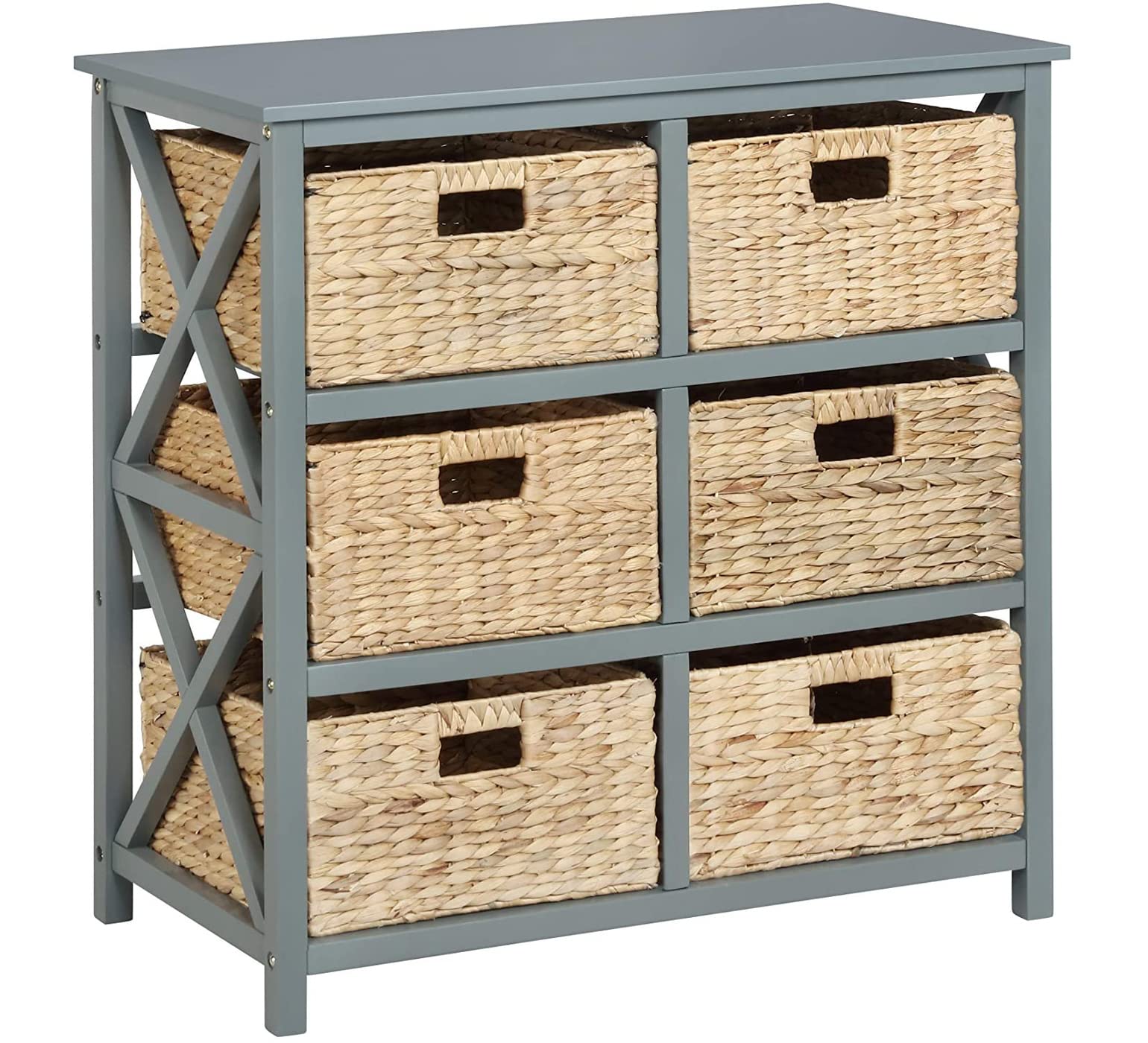 eHemco 3 Tier X-Side End Storage Cabinet with 6 Wicker Baskets, Gray