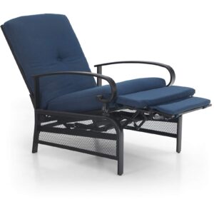 phi villa adjustable patio recliner chair metal outdoor lounge chair with removable cushions support 300lbs, navy