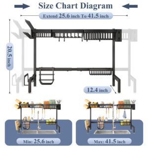 Over The Sink Dish Drying Rack, Adjustable (33.8" to 41.5") Large Dish Drainer Drying Rack for Kitchen Counter with Multiple Baskets Utensil Sponge Holder Sink Caddy, 2 Tier Black