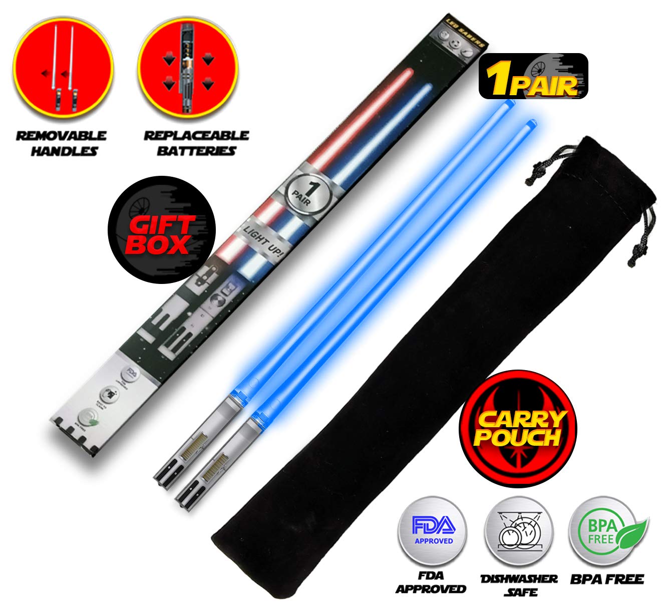 LIGHTSABER CHOPSTICKS LIGHT UP STAR WARS LED Glowing Light Saber Chop Sticks REUSABLE Sushi Lightup Sabers - Removable Handle Dishwasher Safe - Premium GIFT BOX & CARRY CASE Included - BLUE 1 PAIR