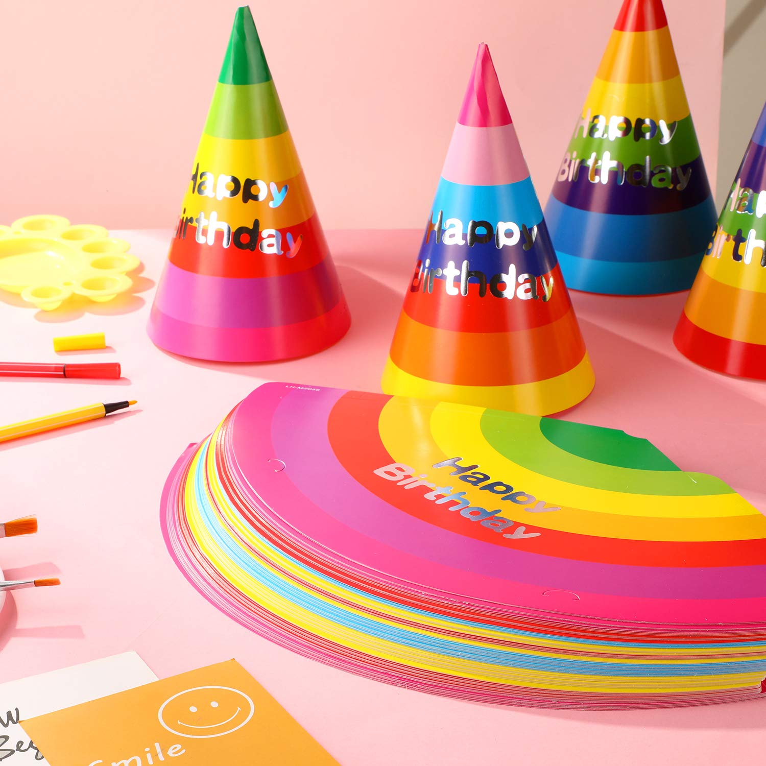 Boao 20 Pcs Rainbow Cone Hats with Happy Birthday Banner for Kids Adults Party Decorations