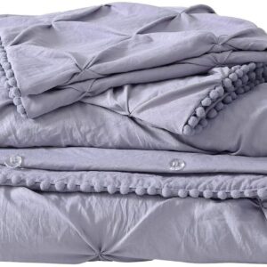 Chezmoi Collection Natalia 3-Piece Pom Poms Fringe Pinch Pleat Duvet Cover Set - Hypoallergenic Soft Washed Microfiber Comforter Cover with Button Closure and Corner Ties - Queen, Purple