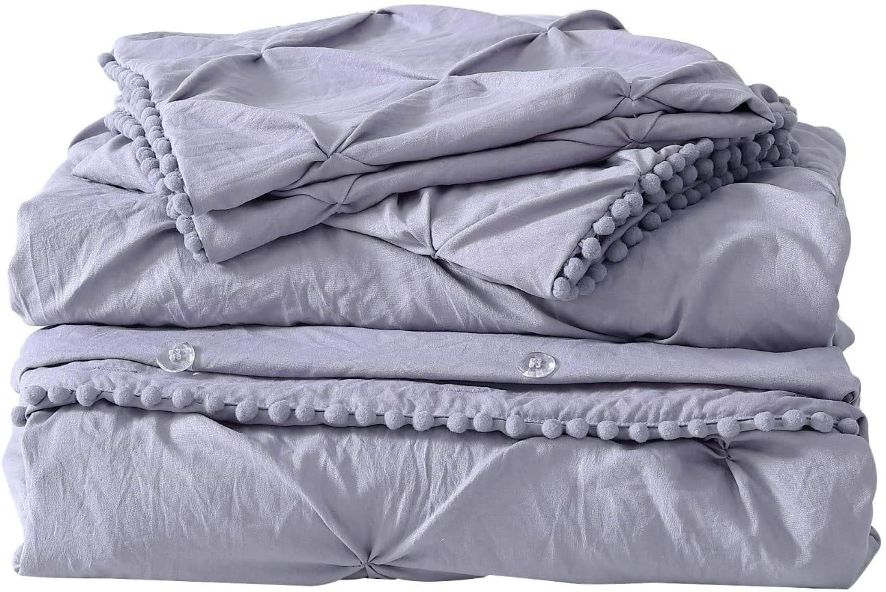 Chezmoi Collection Natalia 3-Piece Pom Poms Fringe Pinch Pleat Duvet Cover Set - Hypoallergenic Soft Washed Microfiber Comforter Cover with Button Closure and Corner Ties - Queen, Purple