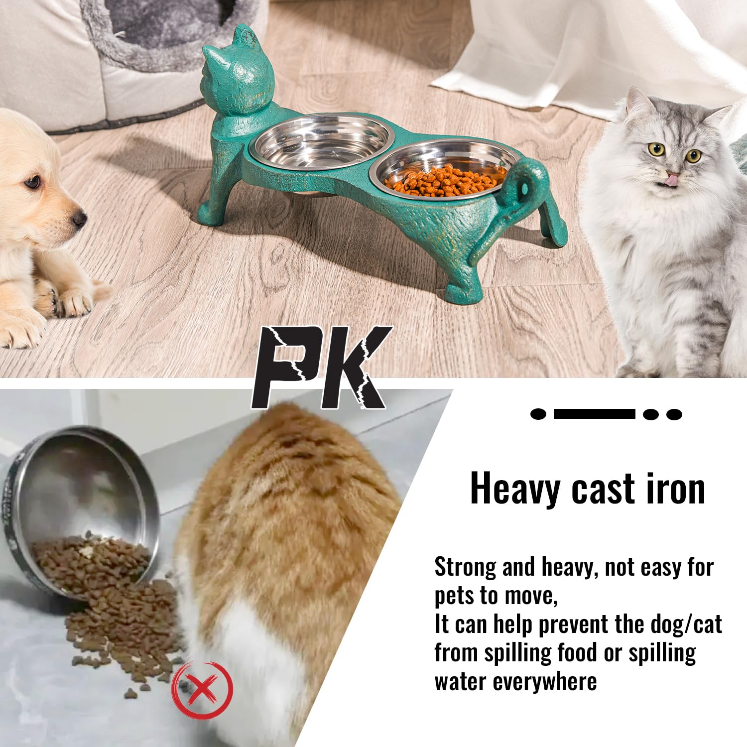 Sungmor Raised Bowls for Cats - Heavy Duty Non Slip Cast Iron Stands & 2 Stainless Steel Food Dish & Water Bowls - Great Pet Cats Feeder - Feeding & Watering Station Pet Supplies - 15.2x6.7x5.9 Inch