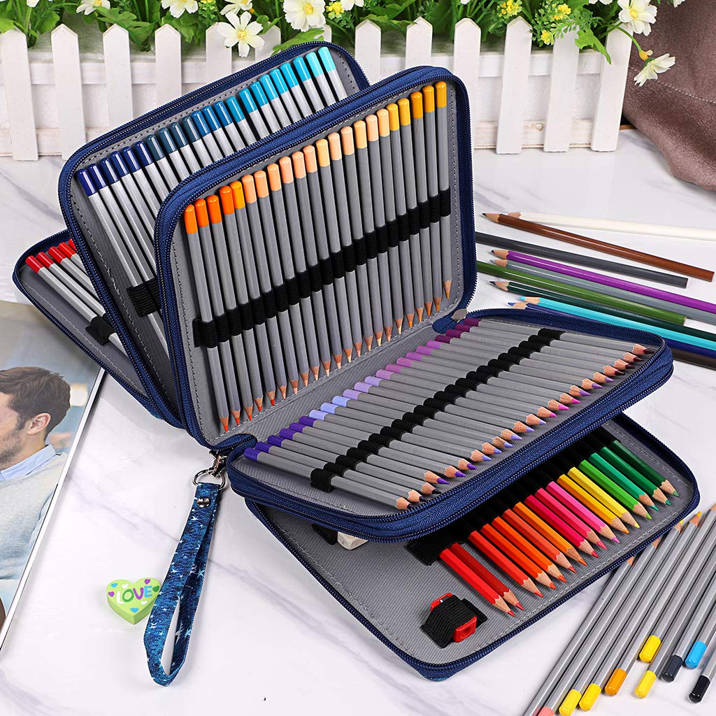 BTSKY Colored Pencil Case- 160 Slots Pencil Holder Pen Bag Large Capacity Pencil Organizer with Handle Strap Handy Colored Pencil Box with Printing Pattern Blue Star