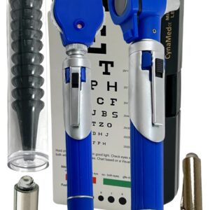 Cynamed Otoscope Set - Fiber Optic Double Handle Multi-Function Ear Scope for Ear & Eye Examination - Includes Hard Case (Blue)