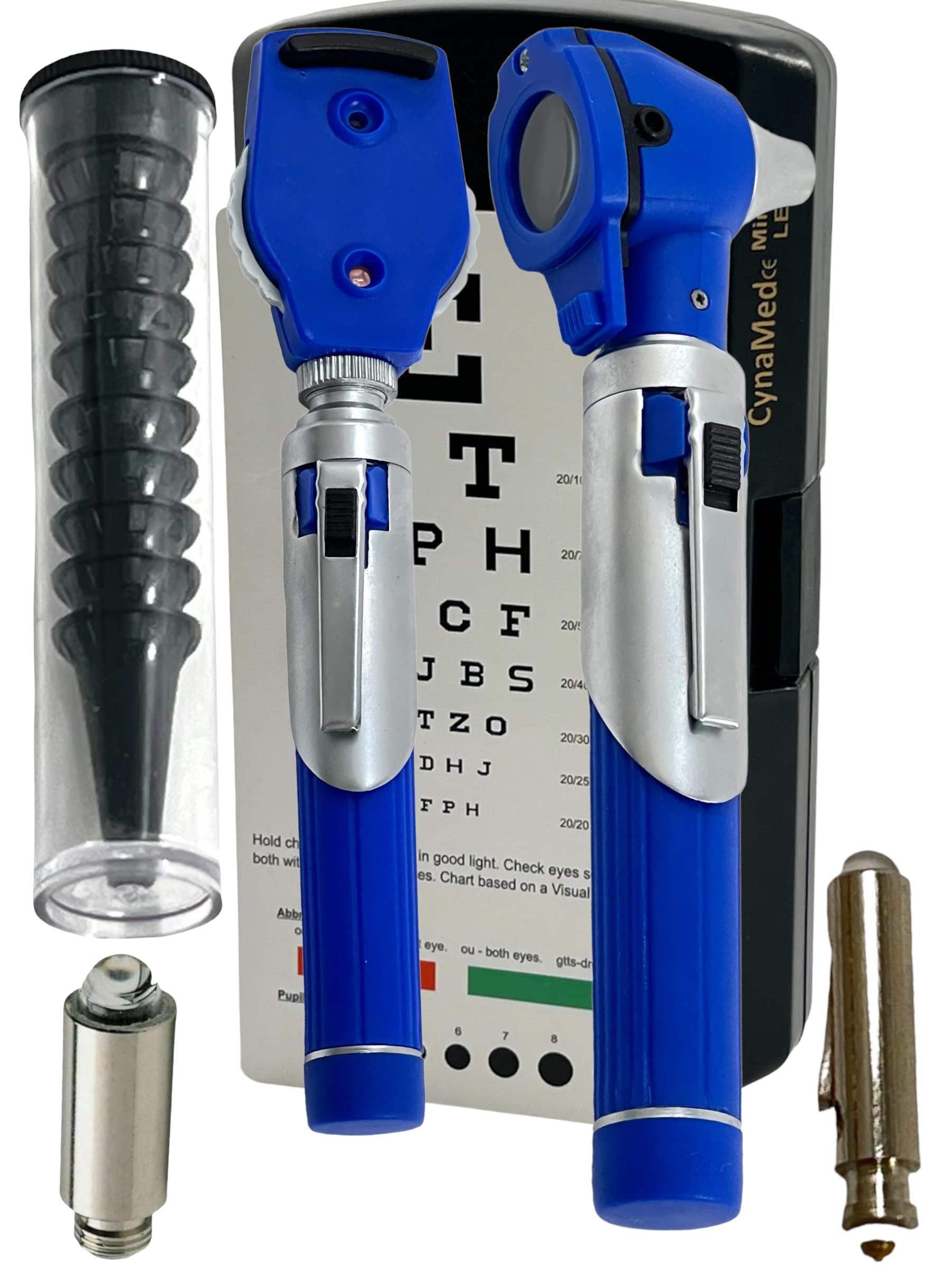 Cynamed Otoscope Set - Fiber Optic Double Handle Multi-Function Ear Scope for Ear & Eye Examination - Includes Hard Case (Blue)