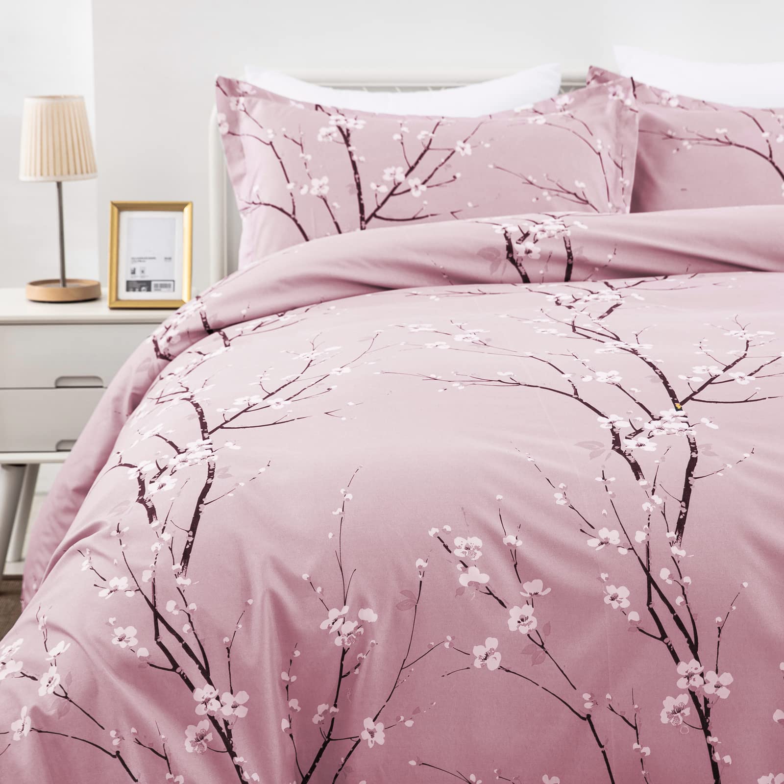 WONGS BEDDING Floral Duvet Cover Set King, Pink Flower Plum Pattern Comforter Cover Set with 2 Pillowcases 3 Pieces Botanical Bedding Set with Zipper Closure for Kids 90"x103"(Not Comforter)