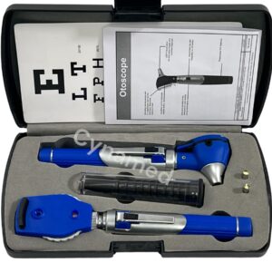 Cynamed Otoscope Set - Fiber Optic Double Handle Multi-Function Ear Scope for Ear & Eye Examination - Includes Hard Case (Blue)