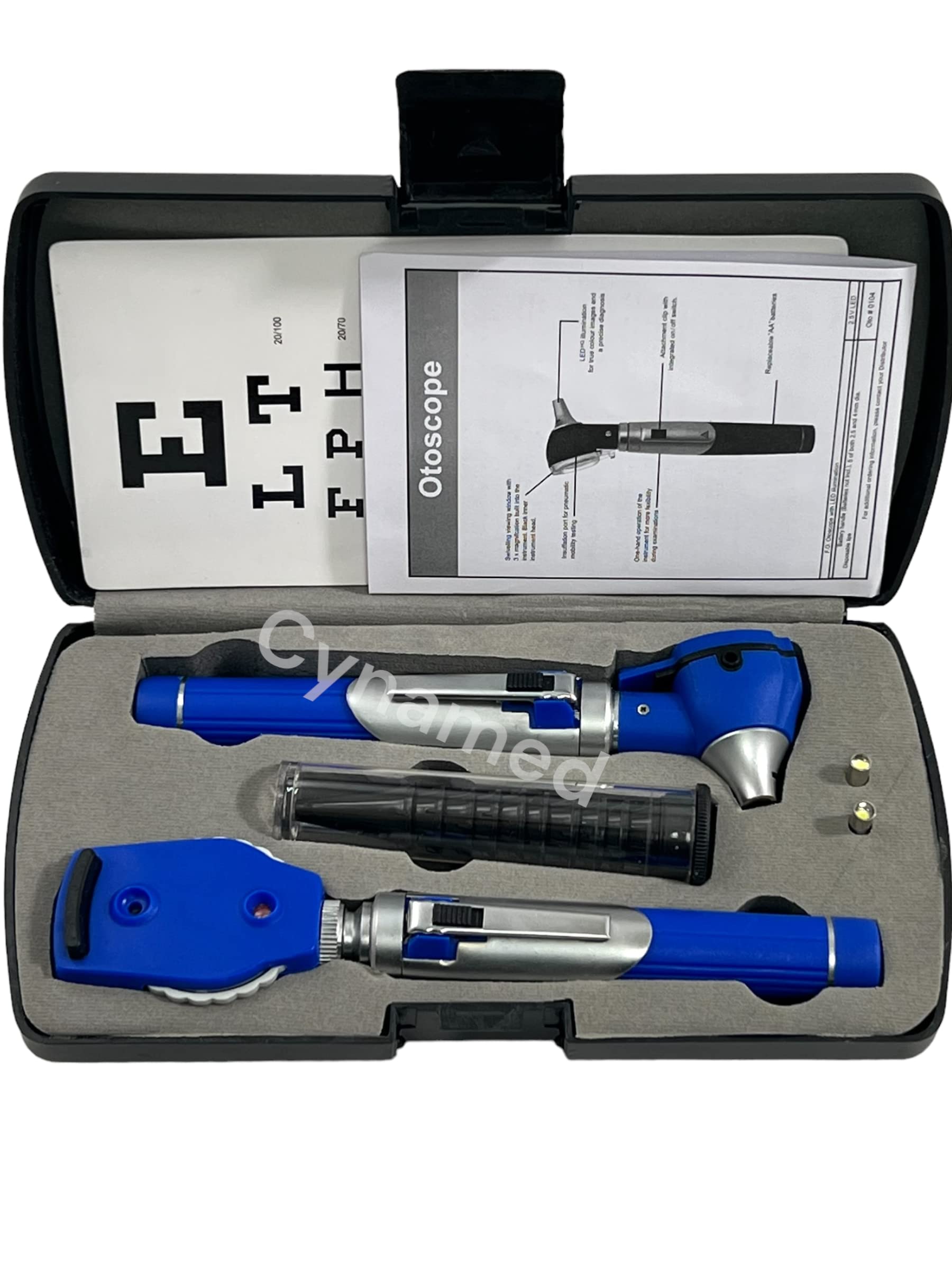 Cynamed Otoscope Set - Fiber Optic Double Handle Multi-Function Ear Scope for Ear & Eye Examination - Includes Hard Case (Blue)