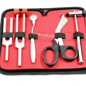 Premium Student Diagnostic Kit- Reflex Hammer & Tuning Fork Set C 128 And C 512 + Wartenberg Pinwheel Premium Steel Bandage Scissor 7.5” (Set Of 5 Buck Reflex Hammer Black Scissor)