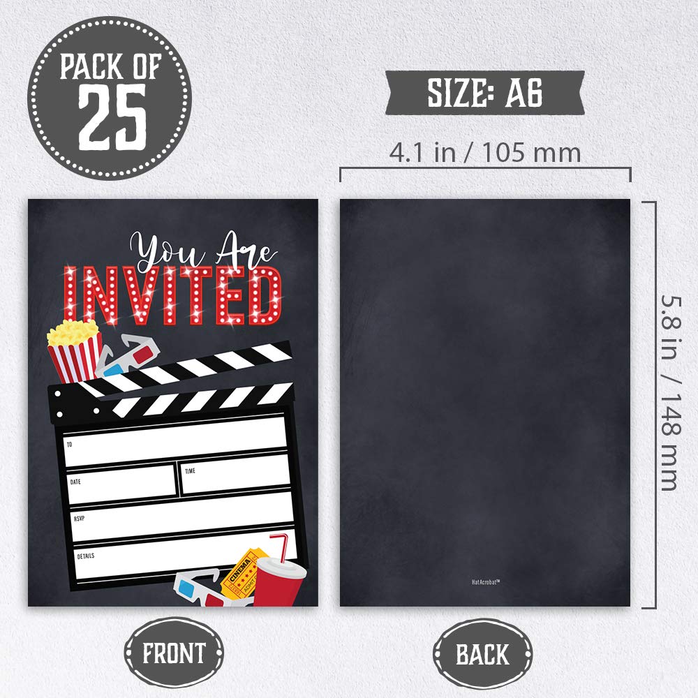 Movie Party Invitations with Envelopes by Hat Acrobat | Perfect for Movie Theme Party, Hollywood Party, Red Carpet Party, Movie Night, Sweet 16, Movie Birthday Party Supplies, Ideas, 25 Pack