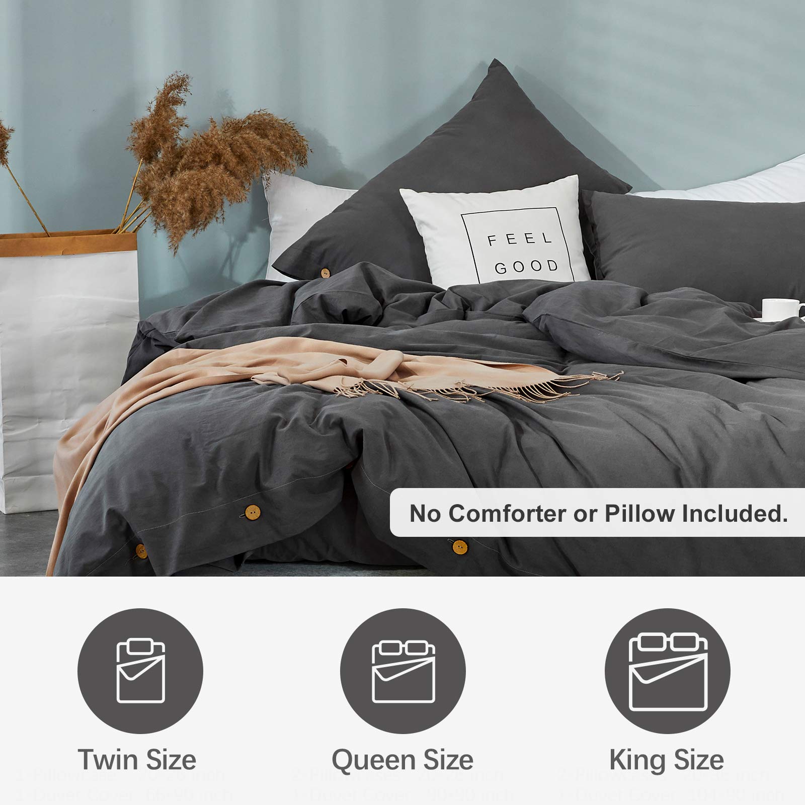 Argstar 2 Pieces Button Duvet Cover Twin Size, Dark Grey Duvet Cover Set with Button Closure, Washed Microfiber Soft & Easy Care Bedding Comforter Cover with Ties (1 Gray Duvet Cover, 1 Pillowcase)