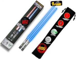 lightsaber chopsticks light up star wars led glowing light saber chop sticks reusable sushi lightup sabers - removable handle dishwasher safe - premium gift box & carry case included - blue 1 pair