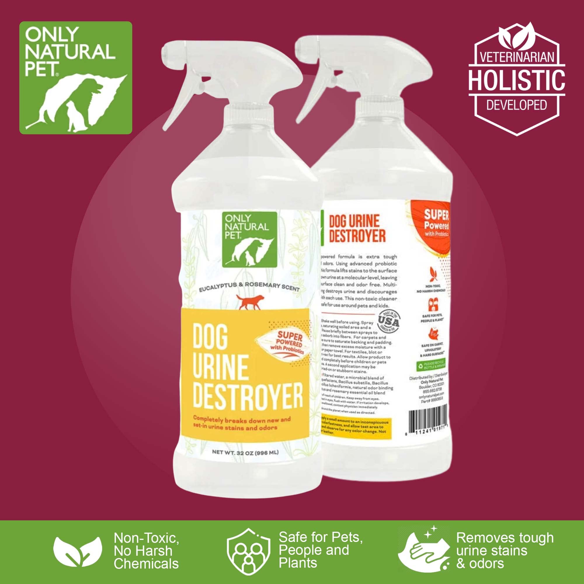 Only Natural Pet Enzyme Powered Stain & Odor Eliminator - Professional Pet Urine Pee Cleaner Deodorizer for Dogs - Hardwood Floors Carpets Upholstery - Eucalyptus & Rosemary Scent - 32Floz