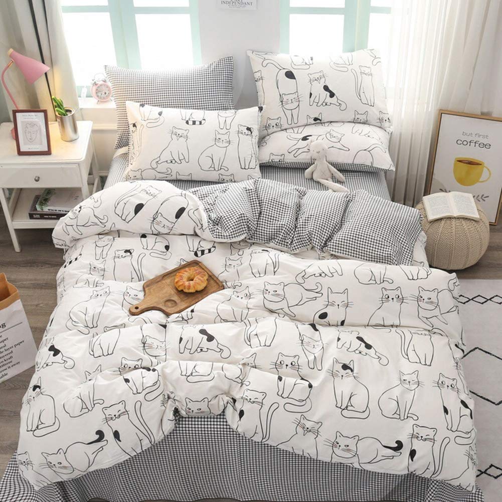 BlueBlue Cats Kids Duvet Cover Set Full Queen, 100% Cotton Bedding for Boys Girls Teens, Cartoon Cats Pattern Print on White, 1 Full Comforter Cover 2 Pillow Shams (Queen, Cute Cat)