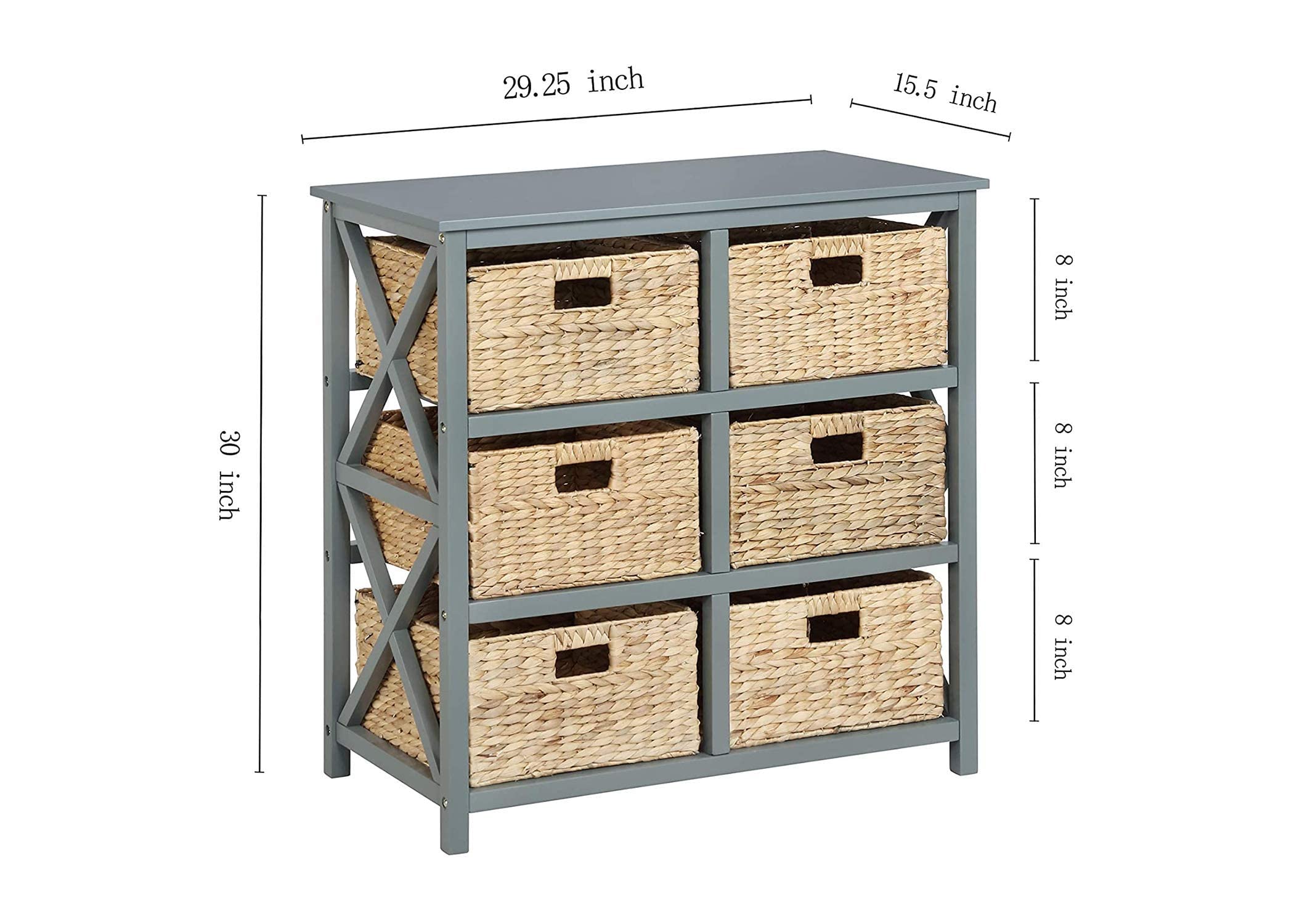 eHemco 3 Tier X-Side End Storage Cabinet with 6 Wicker Baskets, Gray