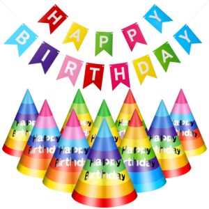 boao 20 pcs rainbow cone hats with happy birthday banner for kids adults party decorations