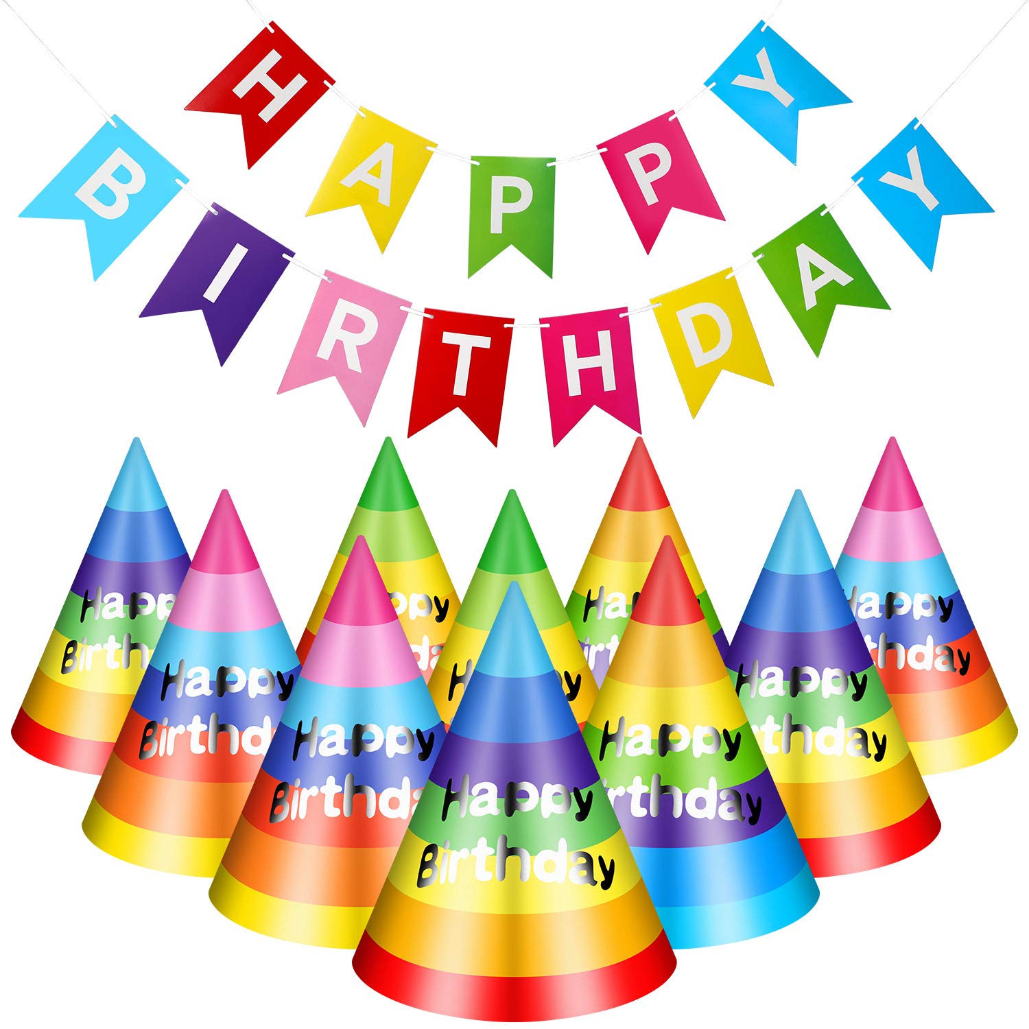 Boao 20 Pcs Rainbow Cone Hats with Happy Birthday Banner for Kids Adults Party Decorations