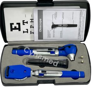 Cynamed Otoscope Set - Fiber Optic Double Handle Multi-Function Ear Scope for Ear & Eye Examination - Includes Hard Case (Blue)