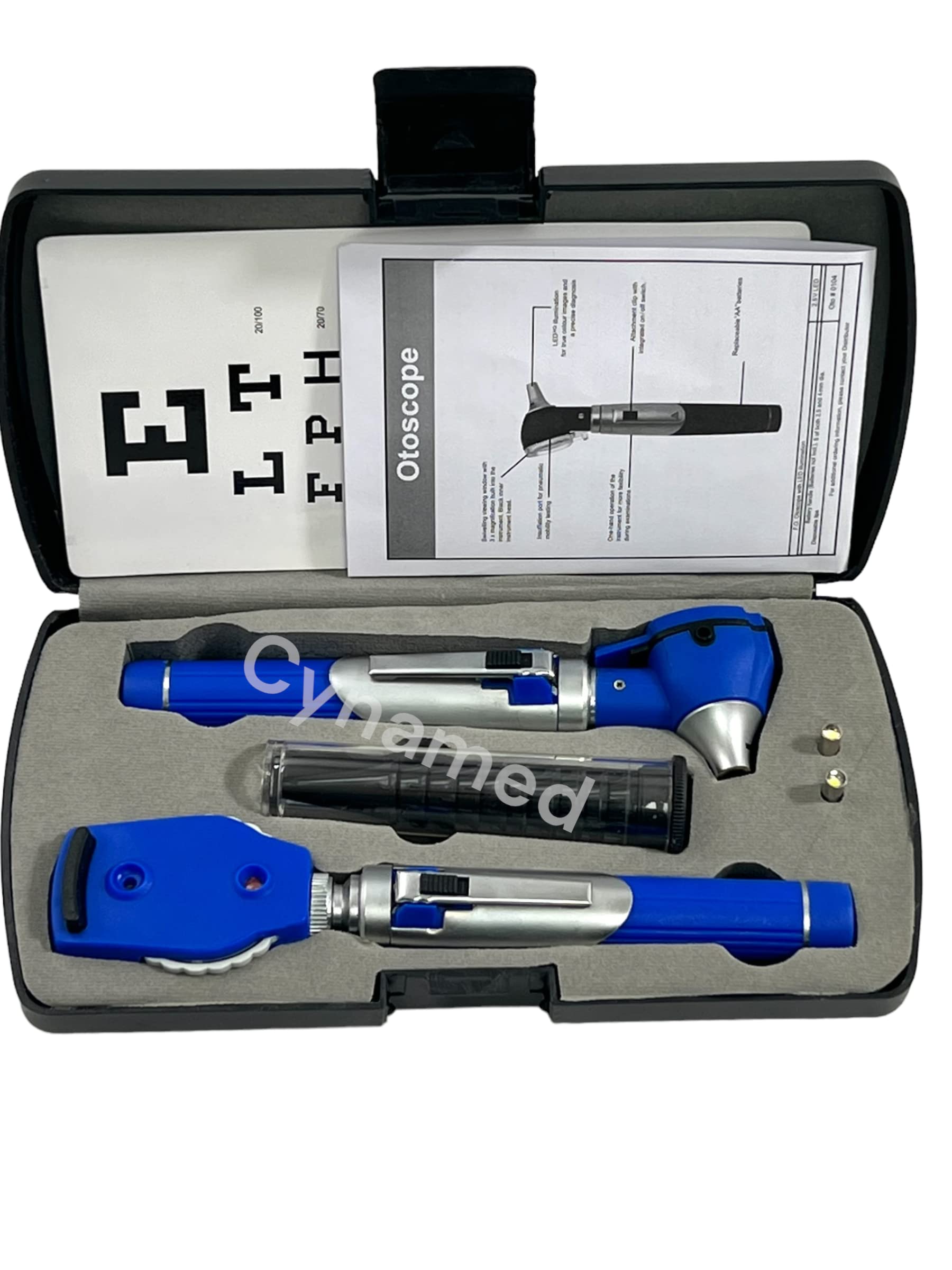 Cynamed Otoscope Set - Fiber Optic Double Handle Multi-Function Ear Scope for Ear & Eye Examination - Includes Hard Case (Blue)