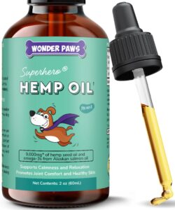 wonder paws organic hemp oil for dogs – 9,000 mg of hemp oil with alaskan salmon oil & omega 3 fatty acids - hemp for pets, joint health, anxiety relief, calming, skin & immune – 60 ml hemp oil drops