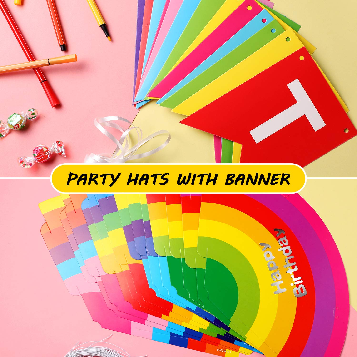 Boao 20 Pcs Rainbow Cone Hats with Happy Birthday Banner for Kids Adults Party Decorations