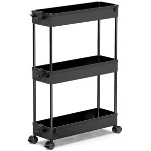 spacekeeper slim rolling storage cart, 3 tier bathroom storage organizer laundry room utility cart mobile shelving unit, multi-purpose for kitchen office bathroom laundry narrow places, black