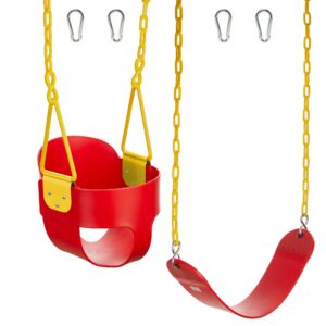 combo - deluxe high back full bucket swing (triangle and chain dip) and heavy-duty swing seat with carabiners - red - squirrel products