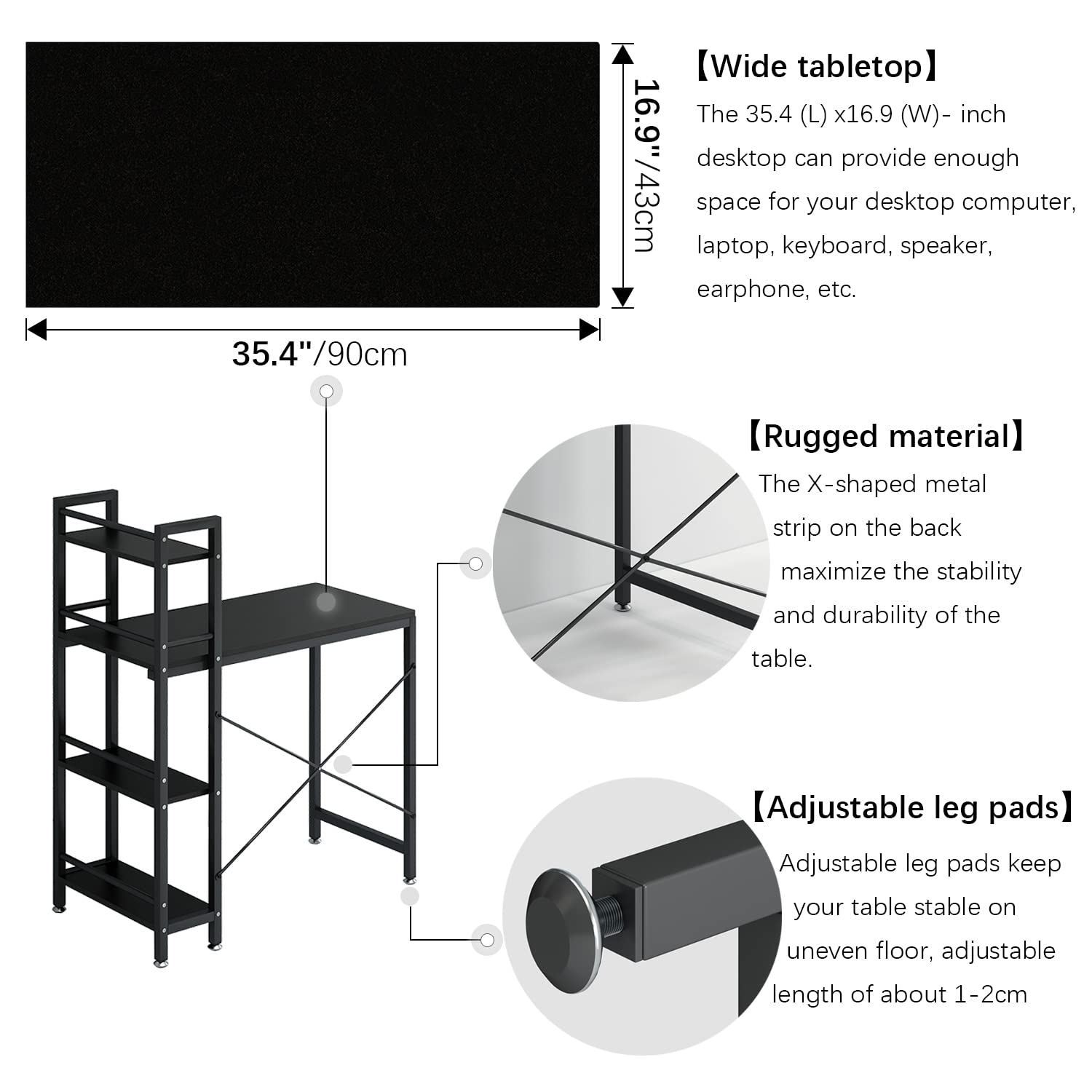 4NM 35" Small Computer Desk with 4-Tier Bookshelf, Home Office Desk Writing Workstation Study Table Multipurpose for Small Space Work - All Black