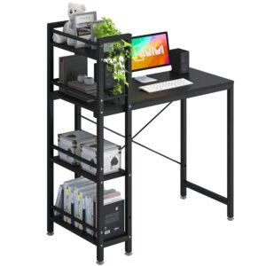 4nm 35" small computer desk with 4-tier bookshelf, home office desk writing workstation study table multipurpose for small space work - all black