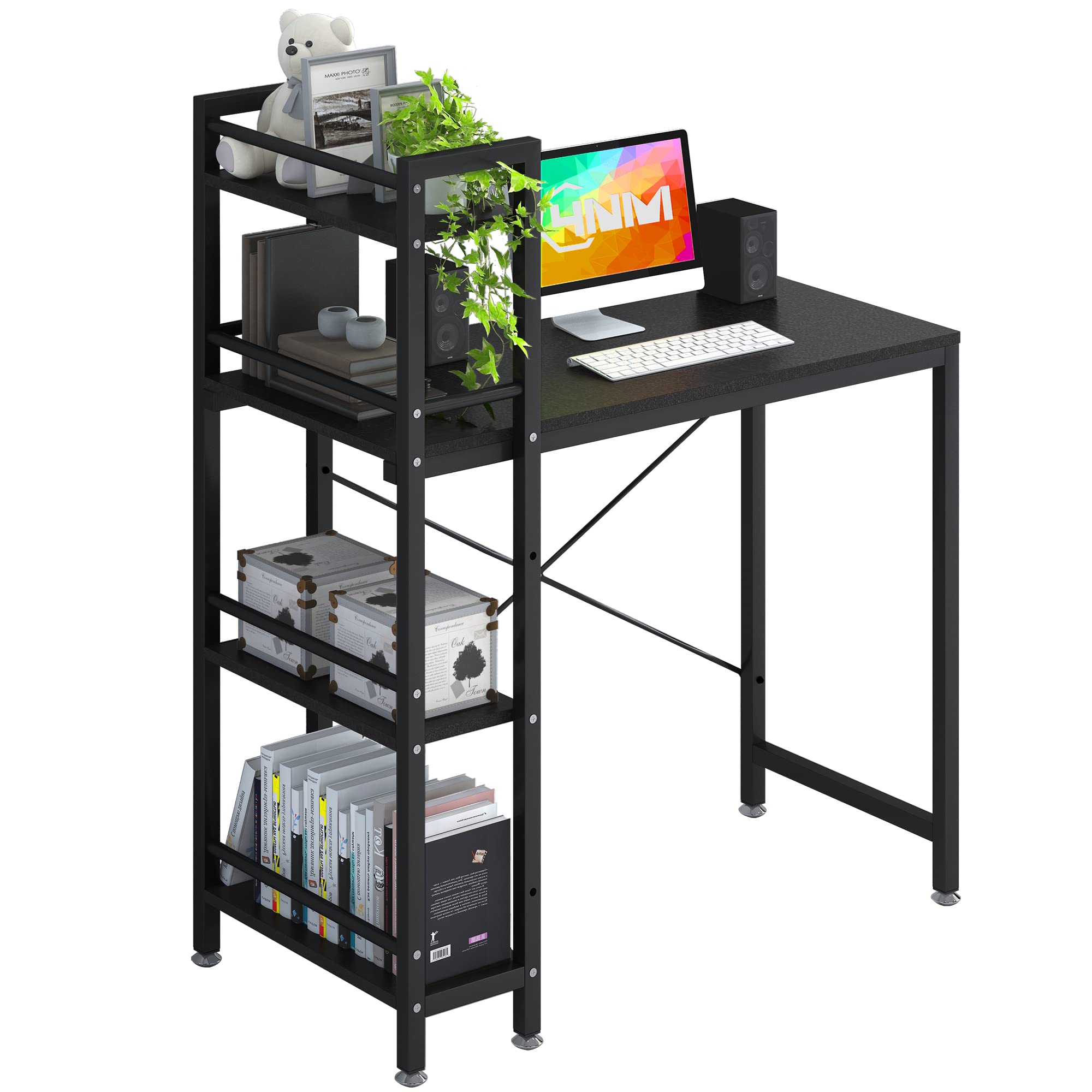 4NM 35" Small Computer Desk with 4-Tier Bookshelf, Home Office Desk Writing Workstation Study Table Multipurpose for Small Space Work - All Black