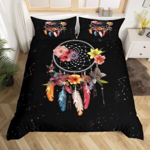 erosebridal bohemian comforter set king size dream catcher bedding set, colorful feather and floral printed on black duvet cover set,starry sky theme soft microfiber quilt set for girls women